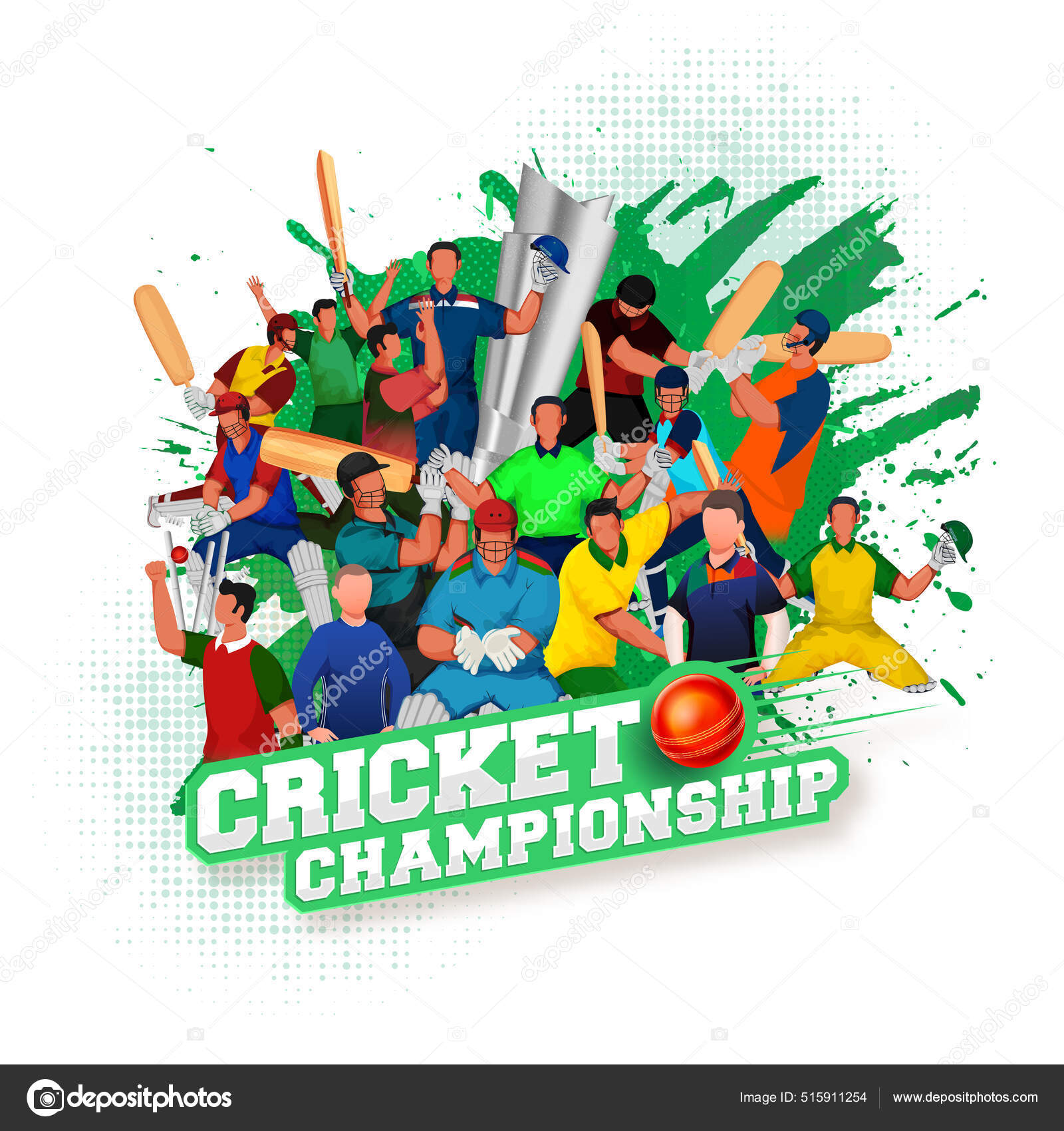 Sticker Style Cricket Championship Text Red Ball Faceless Cricketer ...
