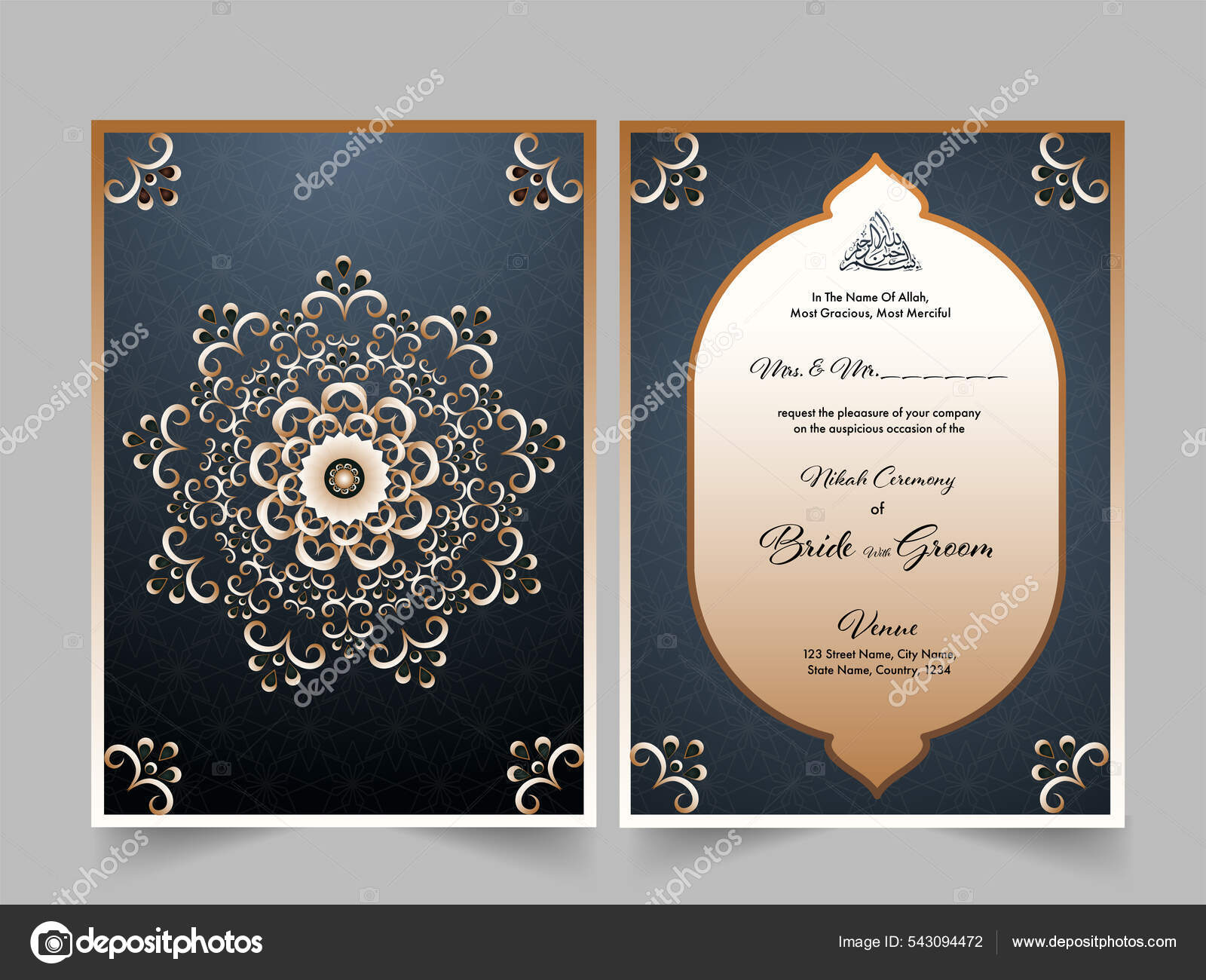 Arabesque Wedding Invitation Cards Gray Golden Color Stock Vector by ...