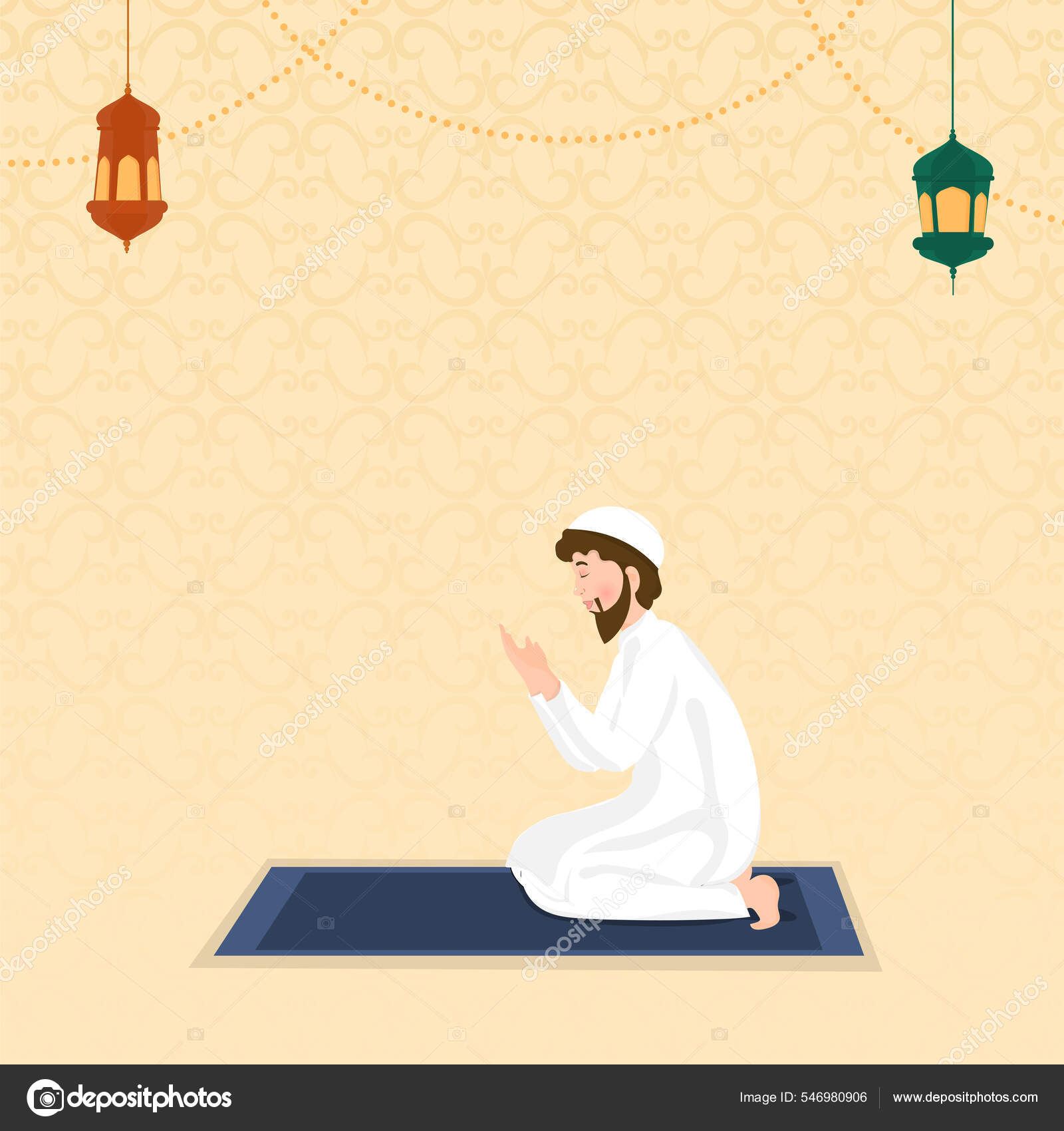 Side View Islamic Man Offering Namaz Prayer Mat Arabic Lanterns Stock ...