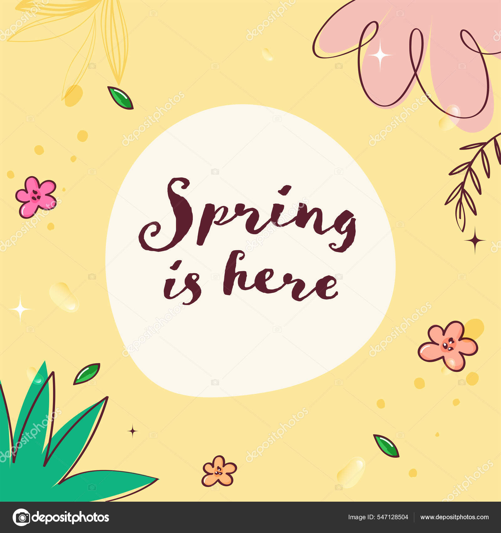 Spring Here Font Flowers Leaves White Yellow Background Stock Vector by ...