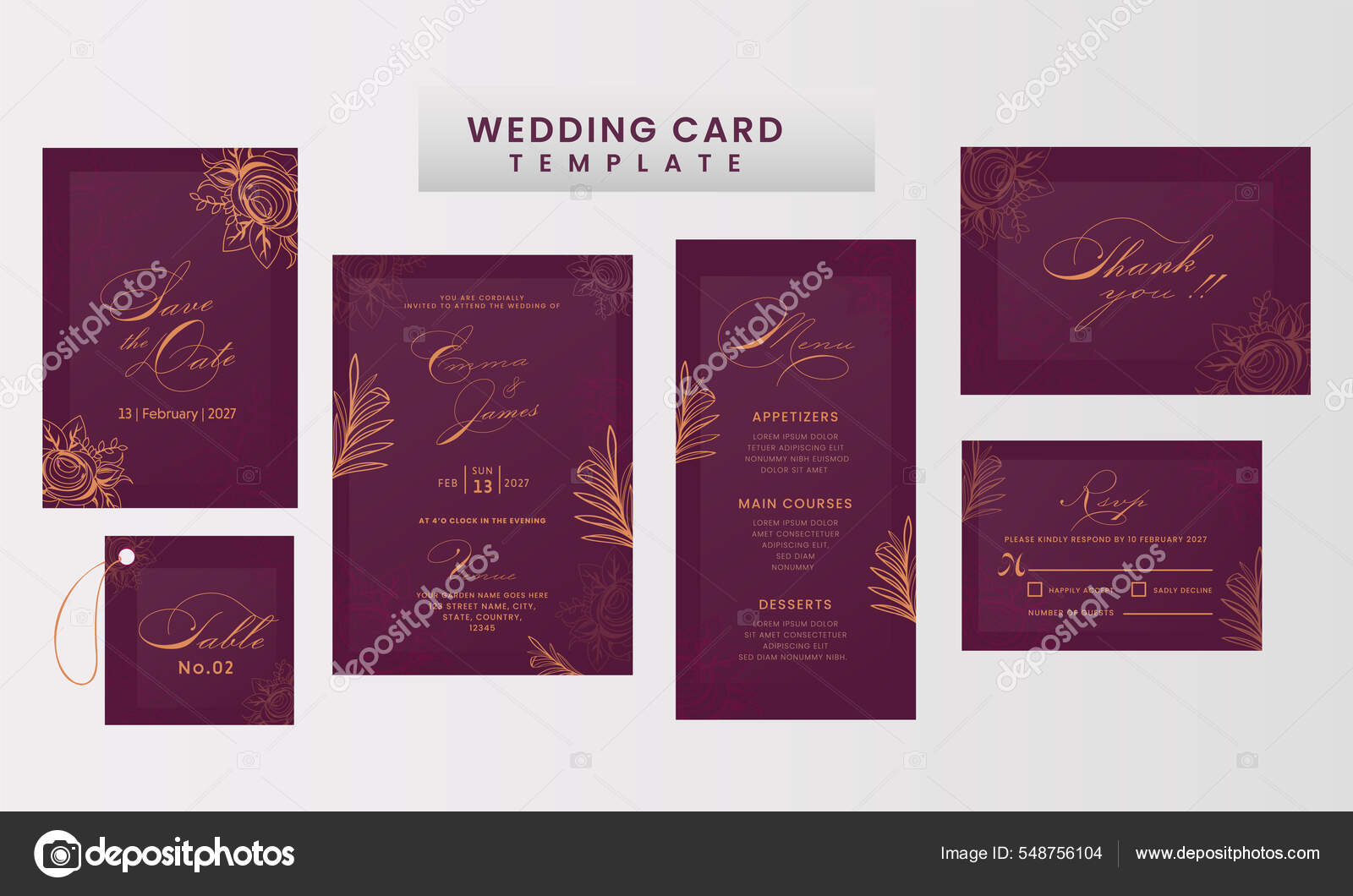 Wedding Card Suite Template Layout Decorated Floral Purple Orange Color ...