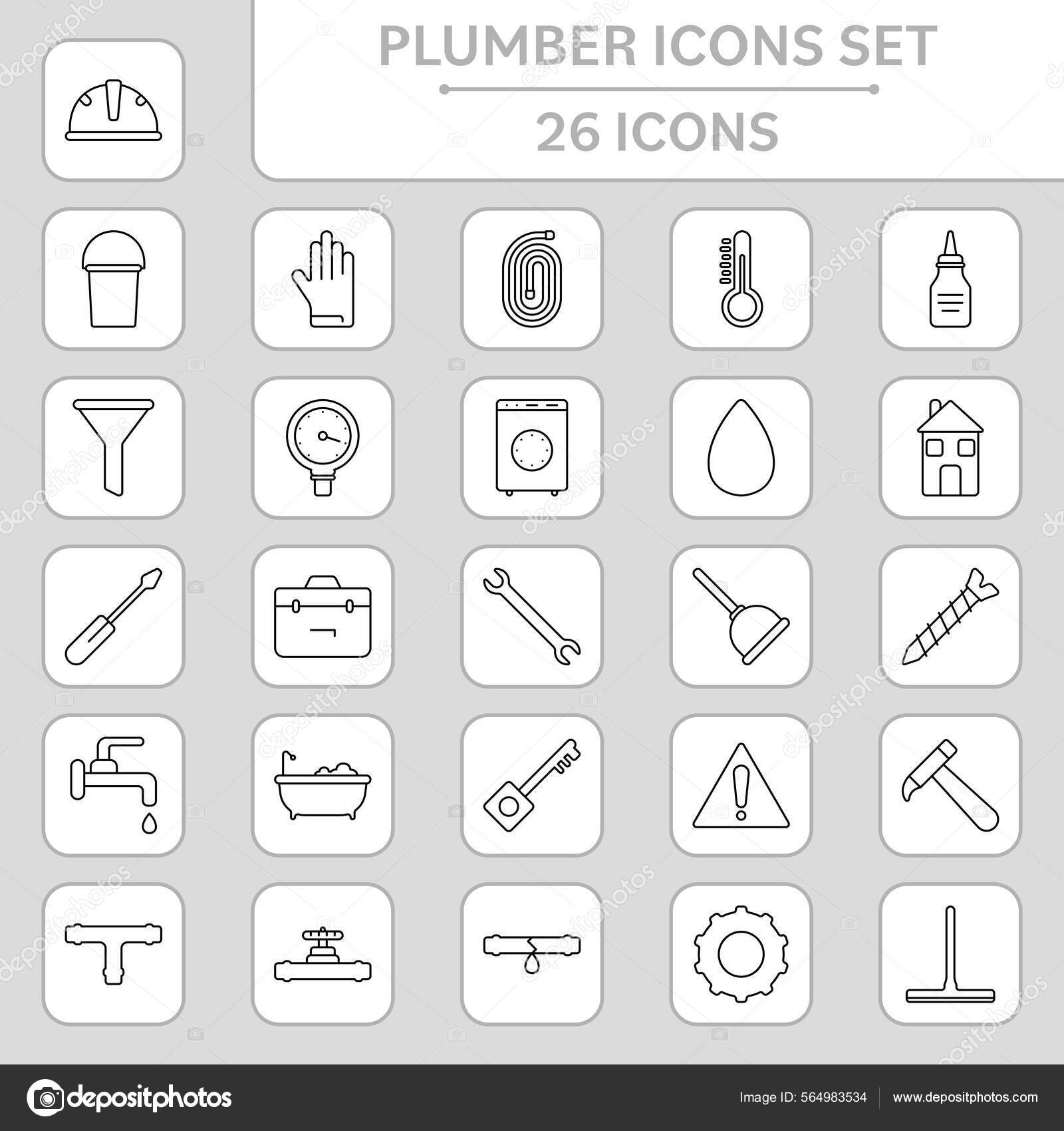 Black Linear Style Plumber Icons White Grey Square Background Stock ...