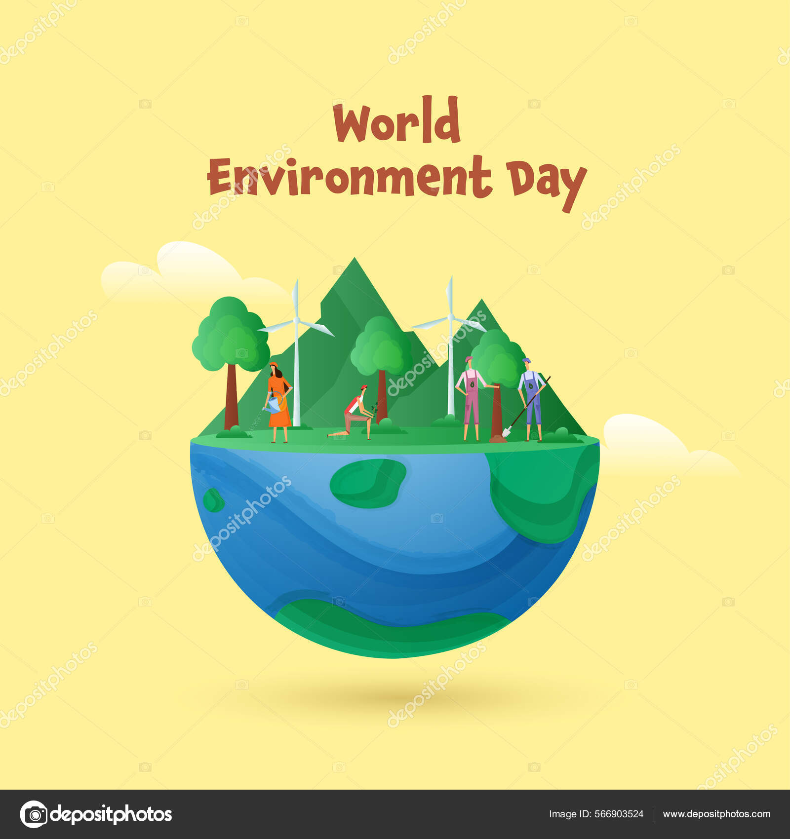 World Environment Day Concept Cartoon People Gardening Glossy Half ...