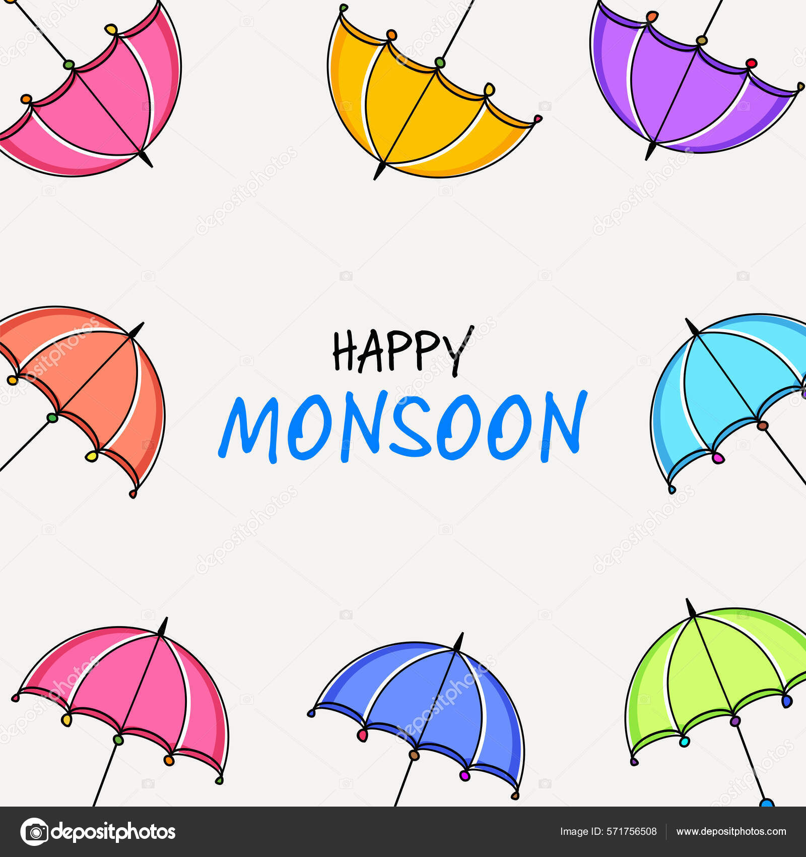 Happy Monsoon Font Colorful Umbrella Decorated Gray Background Stock ...