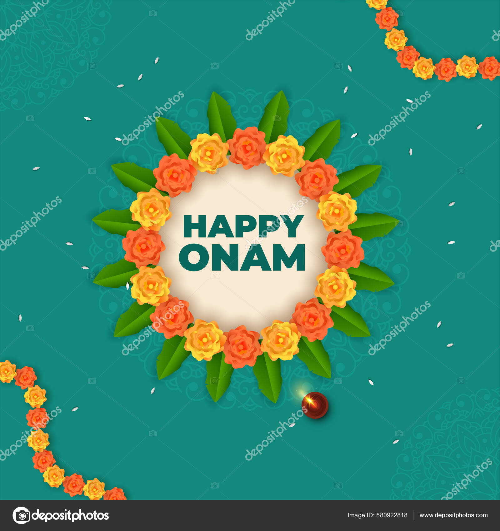 Happy Onam Font Circular Frame Made Marigold Flowers Mango Leaves Stock ...