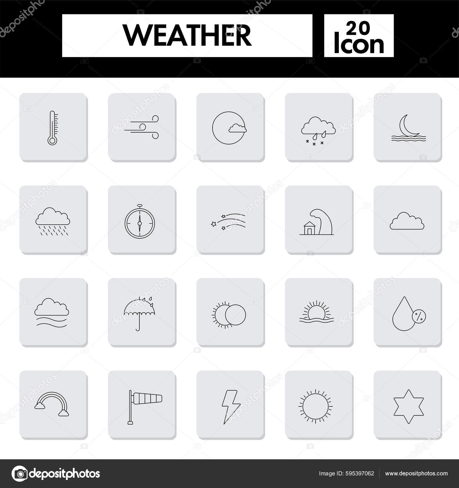 Set Black Outline Weather Symbol Icons Grey Square Background Stock ...