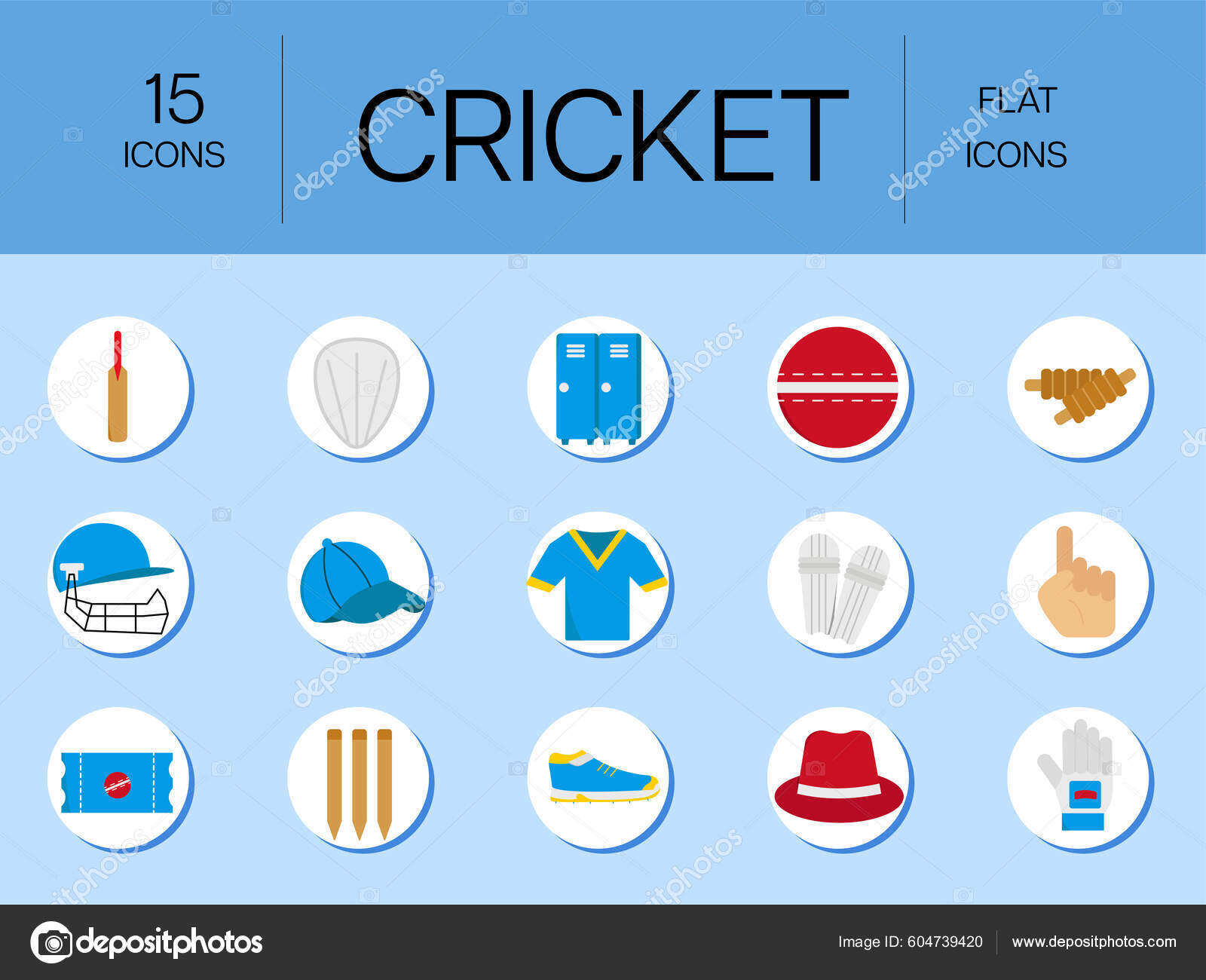 Icons Pack Cricket Essential Object Circle Blue Background图库矢量图作者：© ...