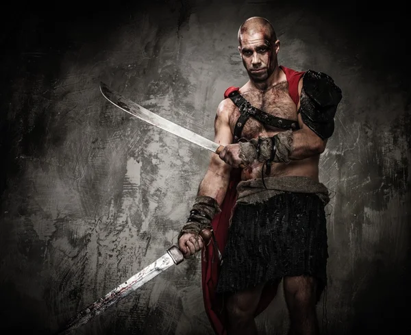Wounded gladiator with two swords covered in blood Stock Photo by ...