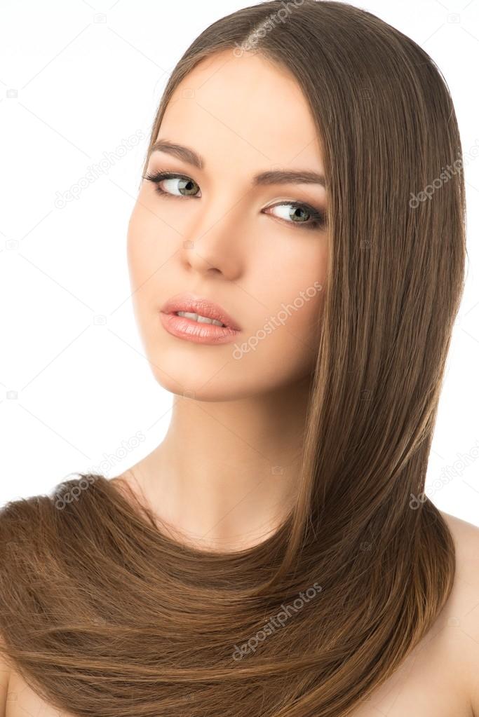 Beautiful young girl with long hair around her neck Stock Photo by ...