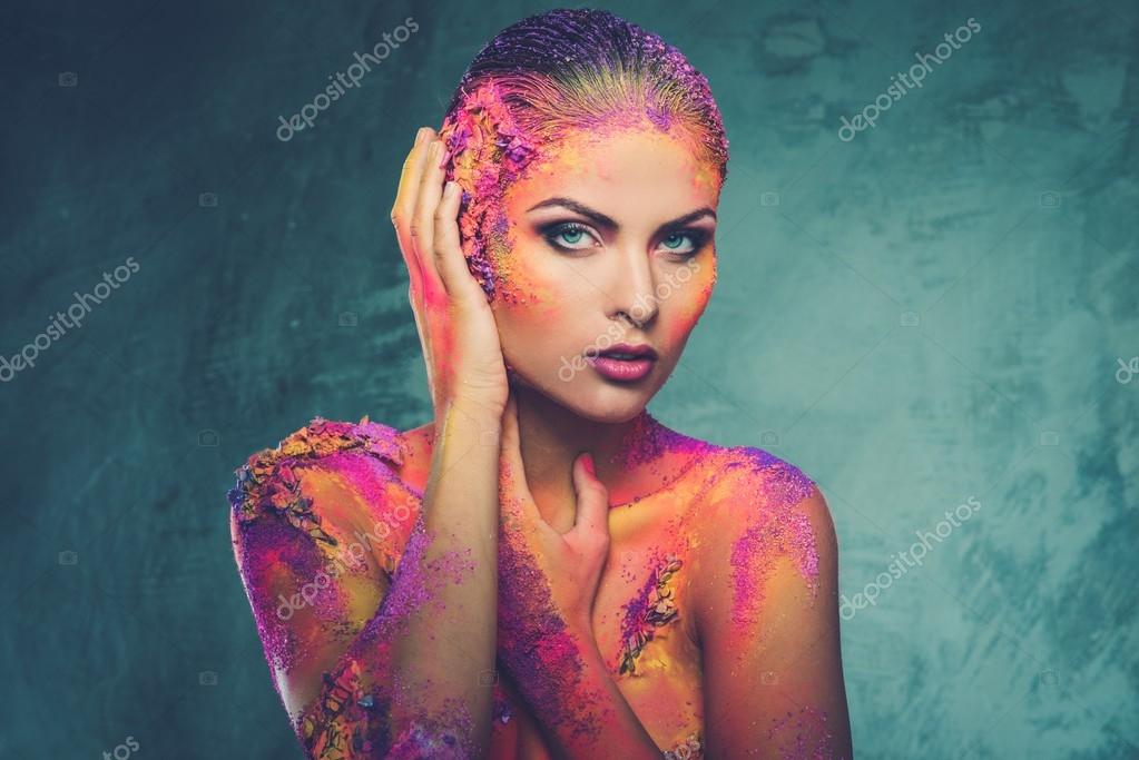 Beautiful young woman with conceptual colourful body art — Stock Photo ...