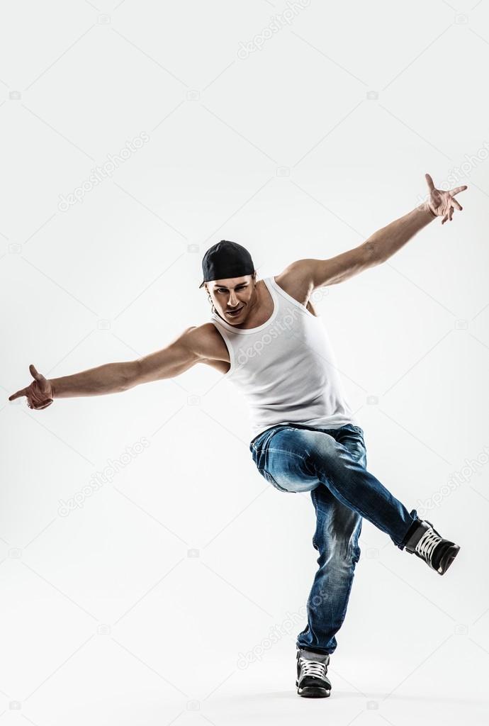Man dancer showing break-dancing moves isolated on white Stock Photo by ...