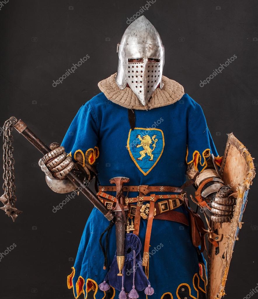 Brave knight in blue with a lion in his form is ready to fight Stock ...