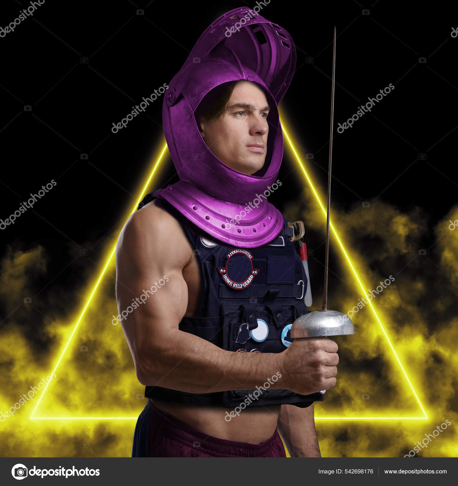 Muscular guy with rapier posing against colorful background Stock Photo ...