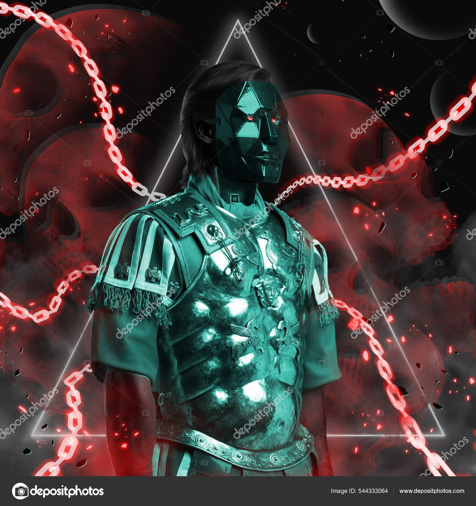 Man in cyberpunk style dressed in teal roman armor — Stock Photo ...