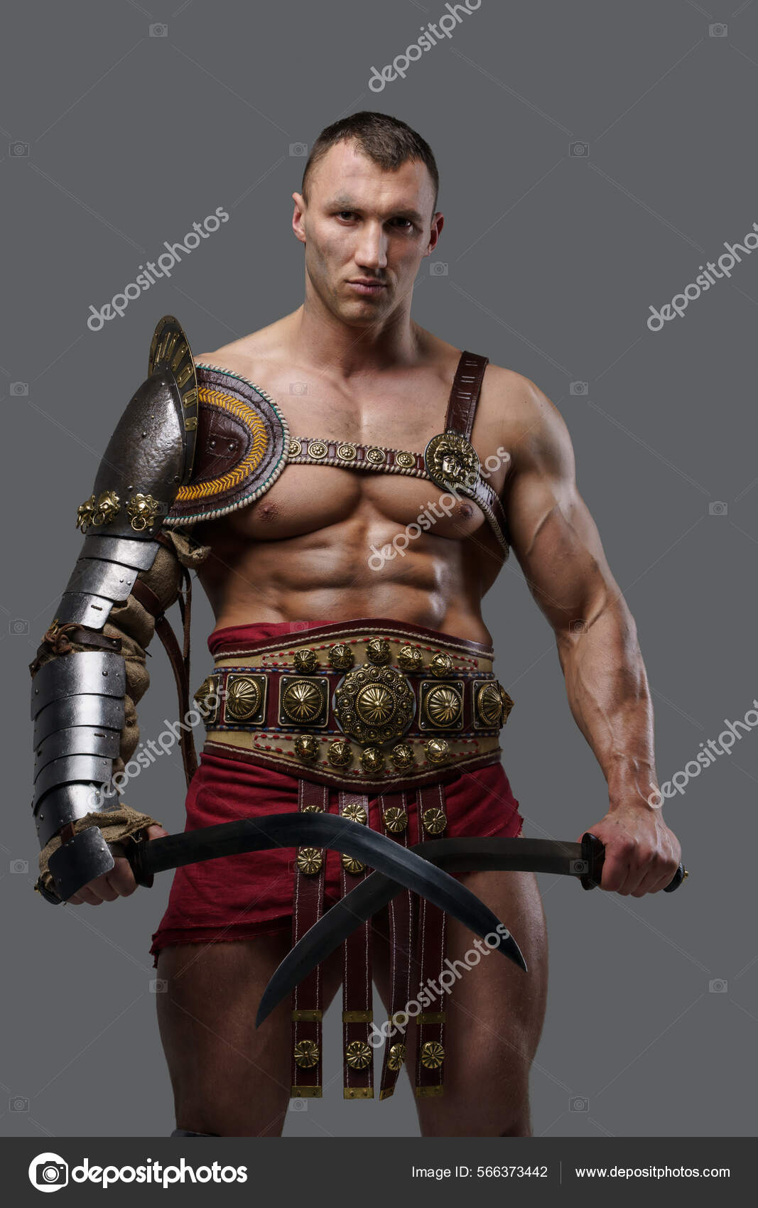Roman gladiator dual wielding swords against grey background — Stock ...