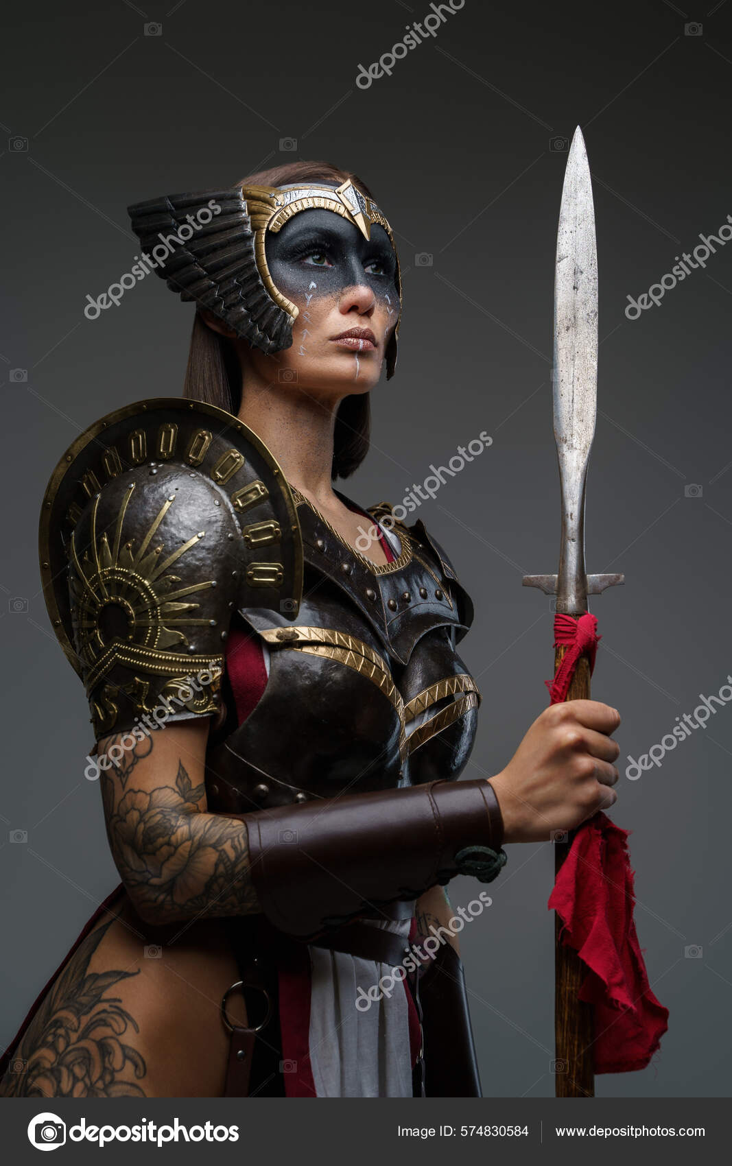 Studio Shot Seductive Woman Barbarian Dressed Armor Helmet Holding Spear Stock Photo by ...