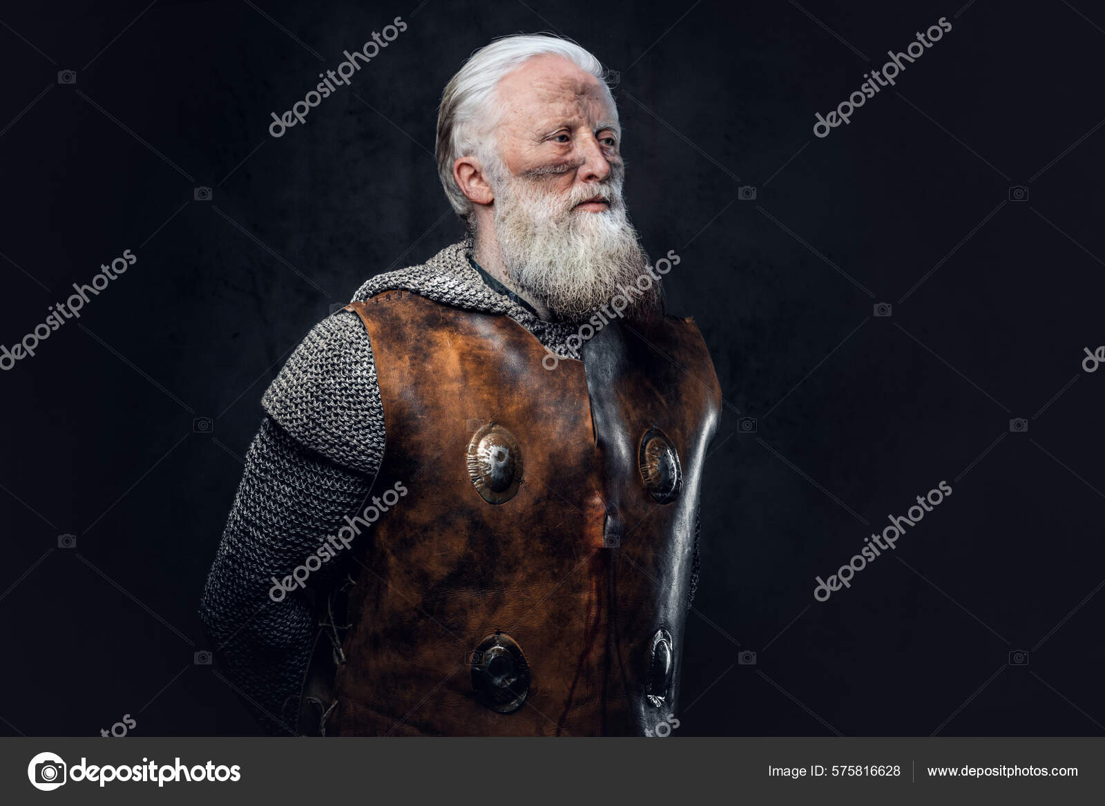 Portrait Aged Knight Long Beard Dressed Antique Armor Dark Background ...