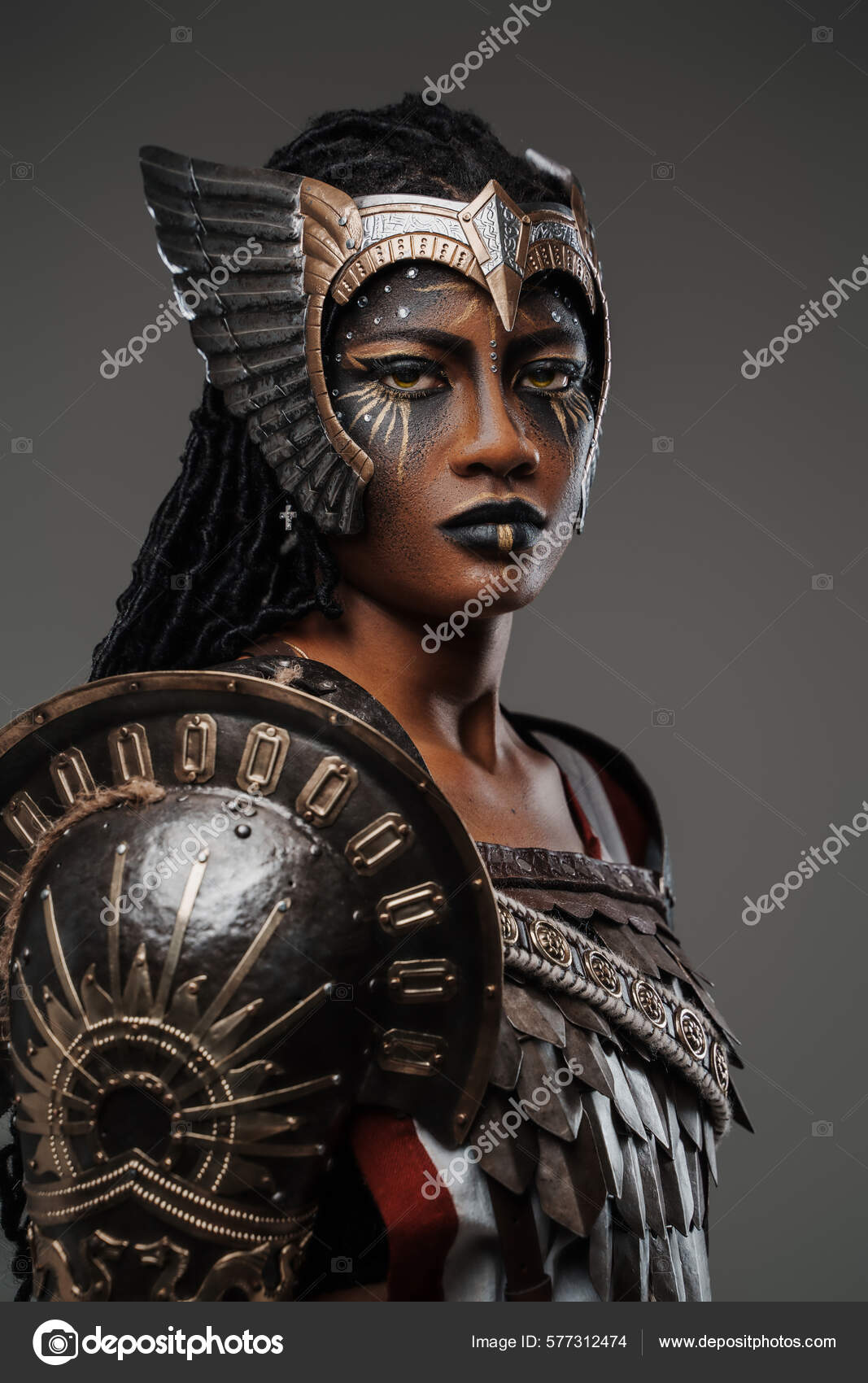 Portrait Isolated Grey Martial African Woman Warrior Dressed Beautiful Steel — Stock Photo ...