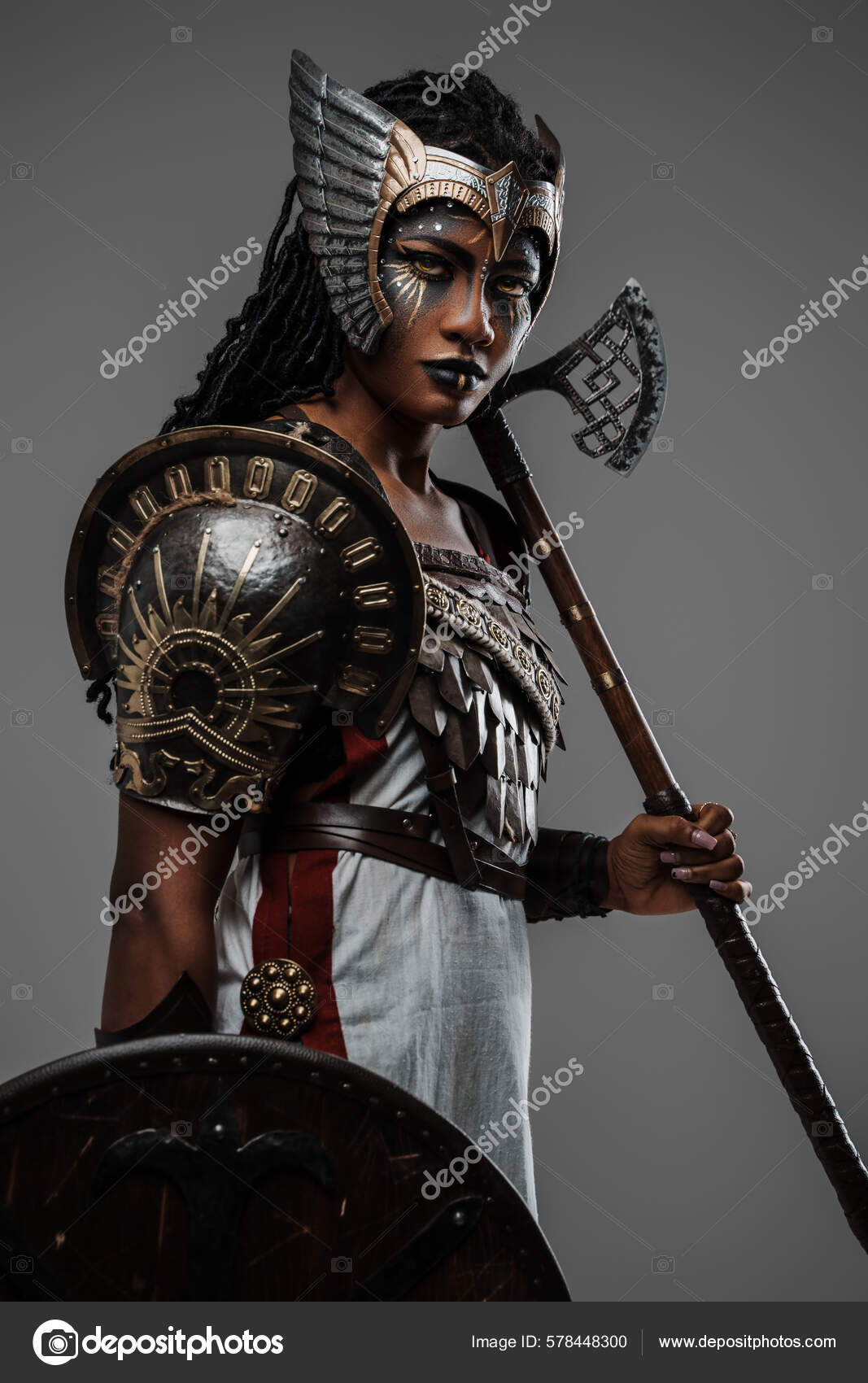 Shot Isolated Grey Black Woman Warrior Holding Axe Shield Dressed Stock Photo by ©fxquadro 578448300