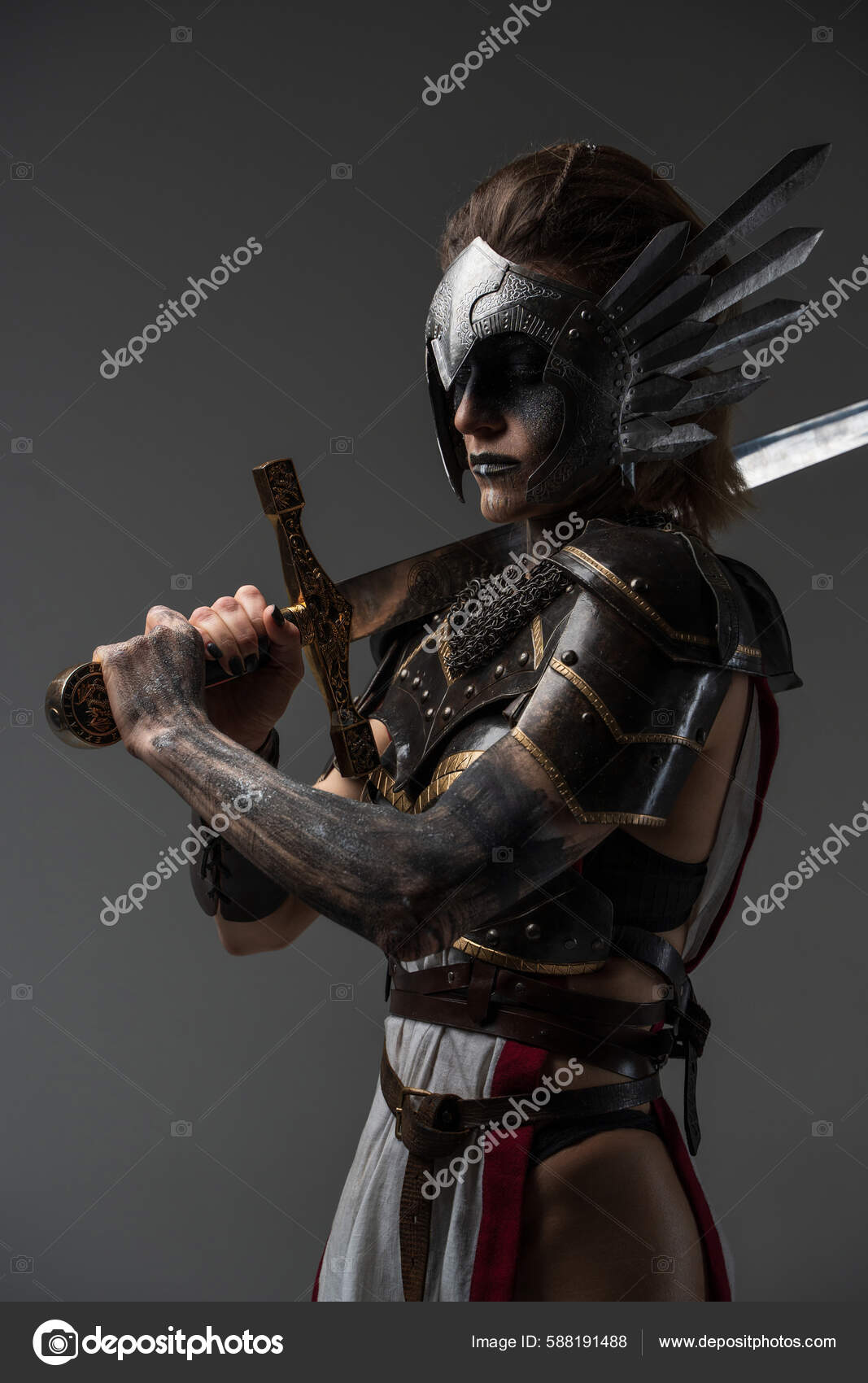 Attractive Valkyrie Make Holding Sword Her Shoulder Grey Background ...