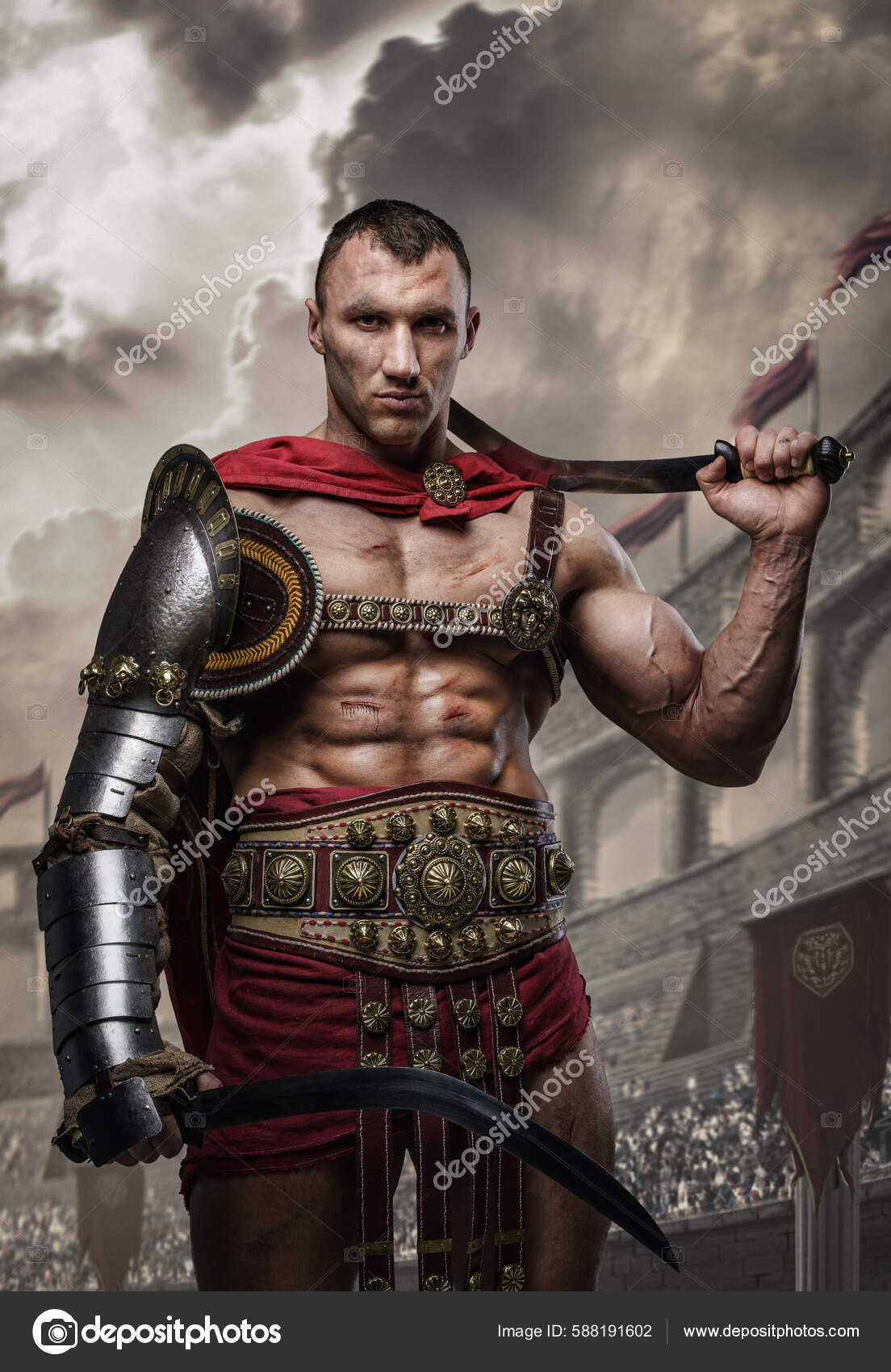 Portrait Handsome Gladiator Dual Swords Dressed Light Armor Posing ...