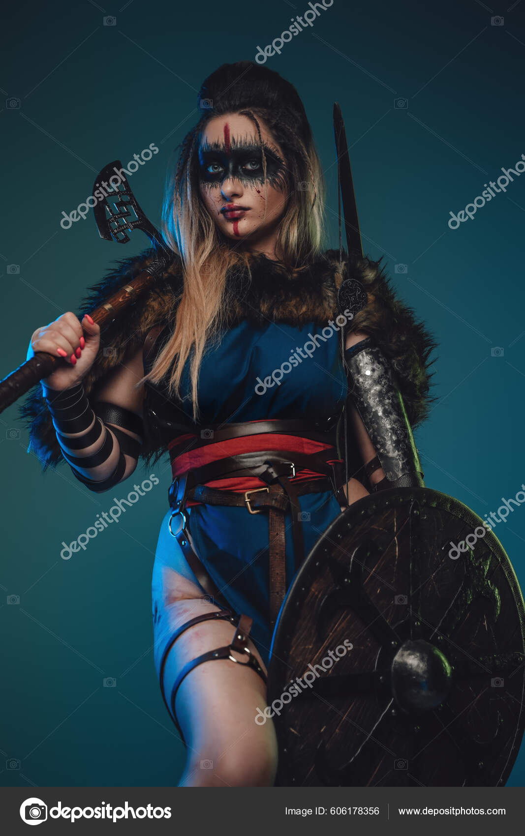 Shot Valkyrie Makeup Fur Coat Holding Shield Hatchet Turquoise ...