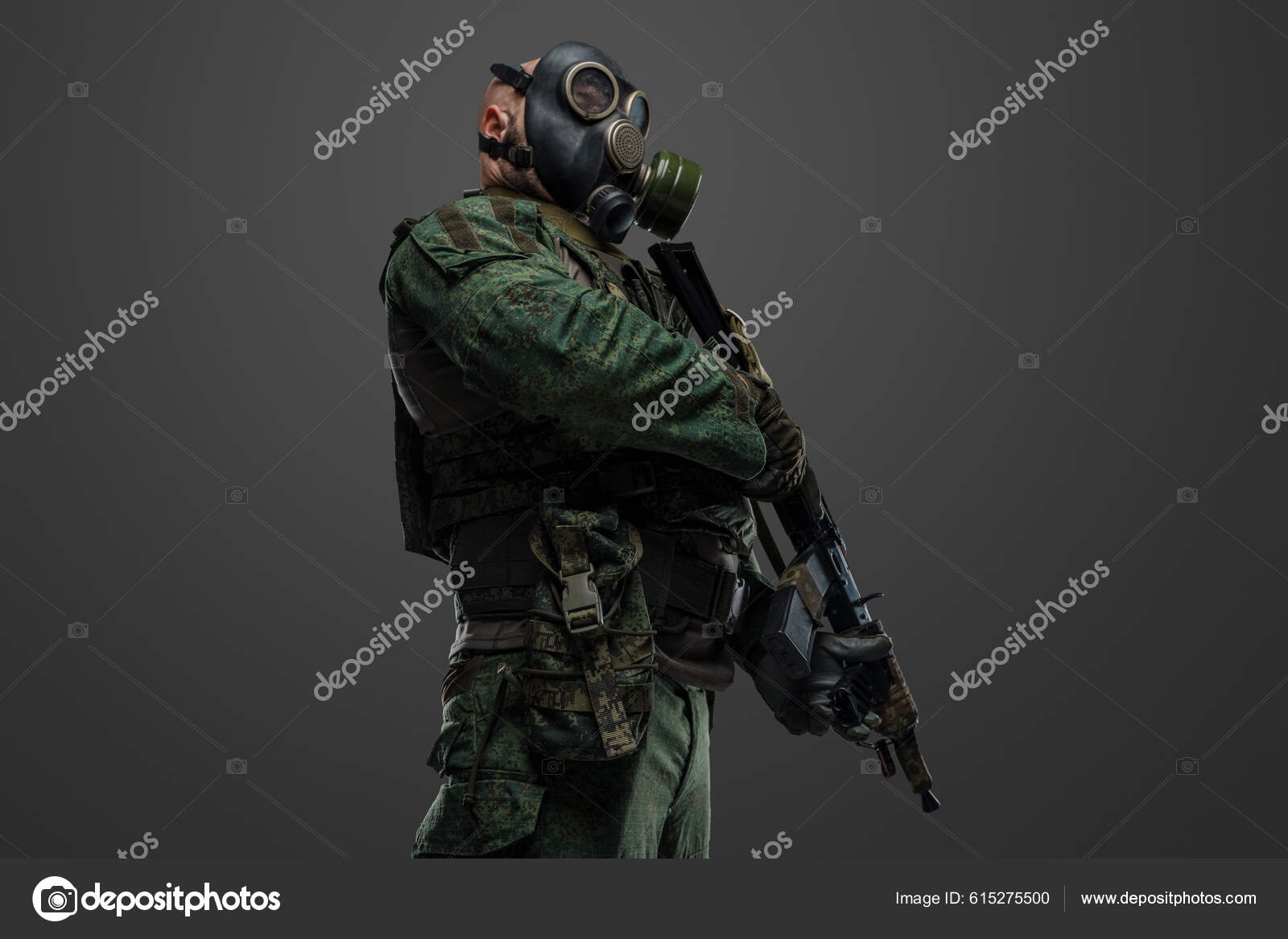 Studio Shot Russian Soldier Dressed Protective Uniform Gas Mask Gray ...