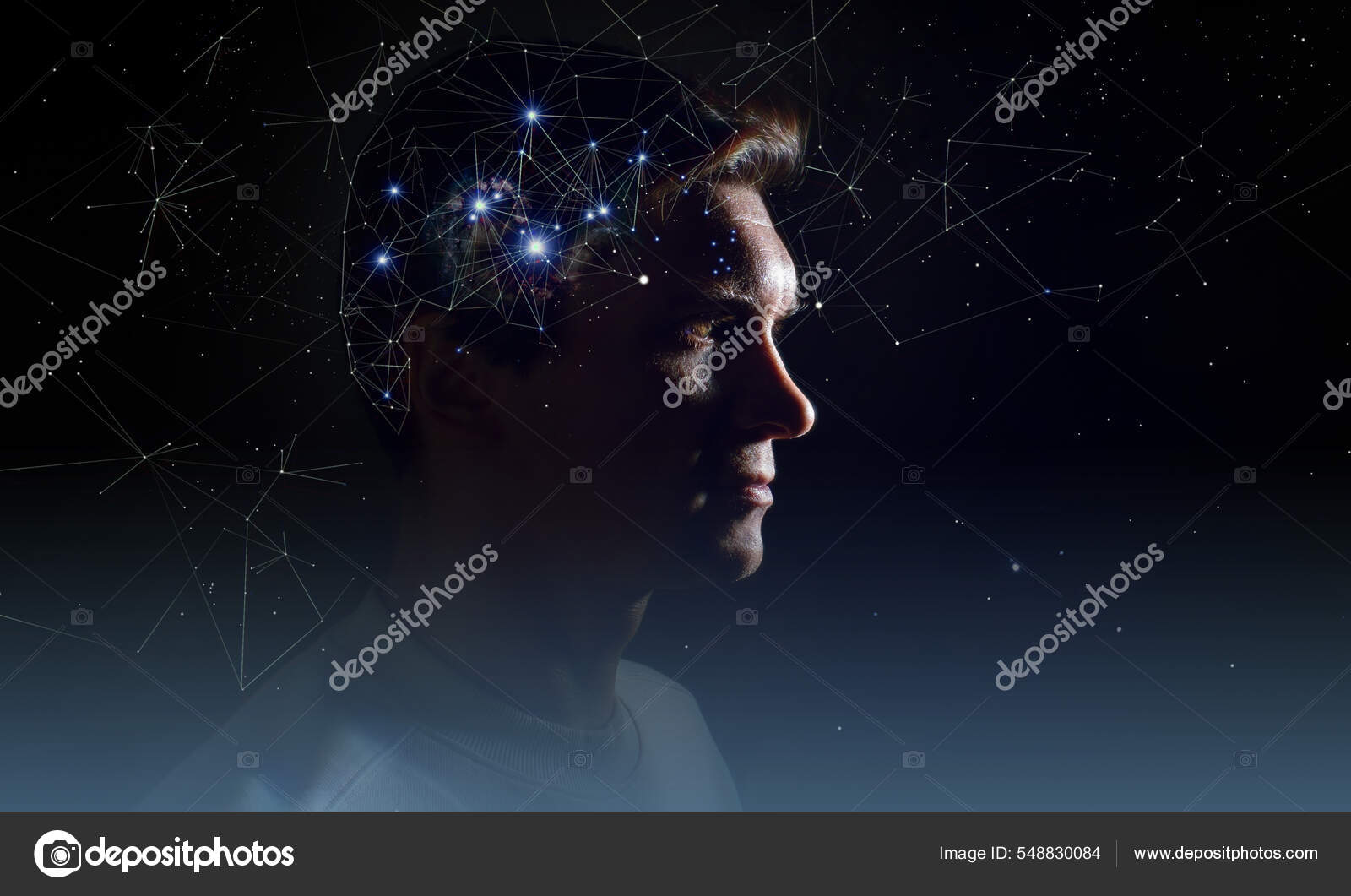 Profile of a thoughtful young man, concept of brain activity of self ...