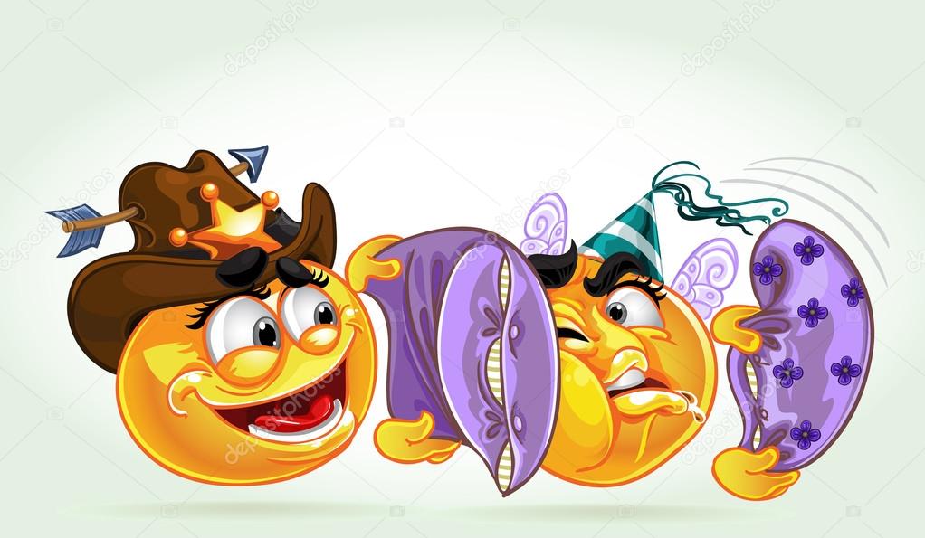 Smileys drôles en costume de combat d'oreillers. image vectorielle par ...