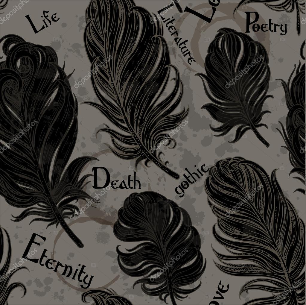 Gothic seamless romantic background from black bird feathers Stock ...