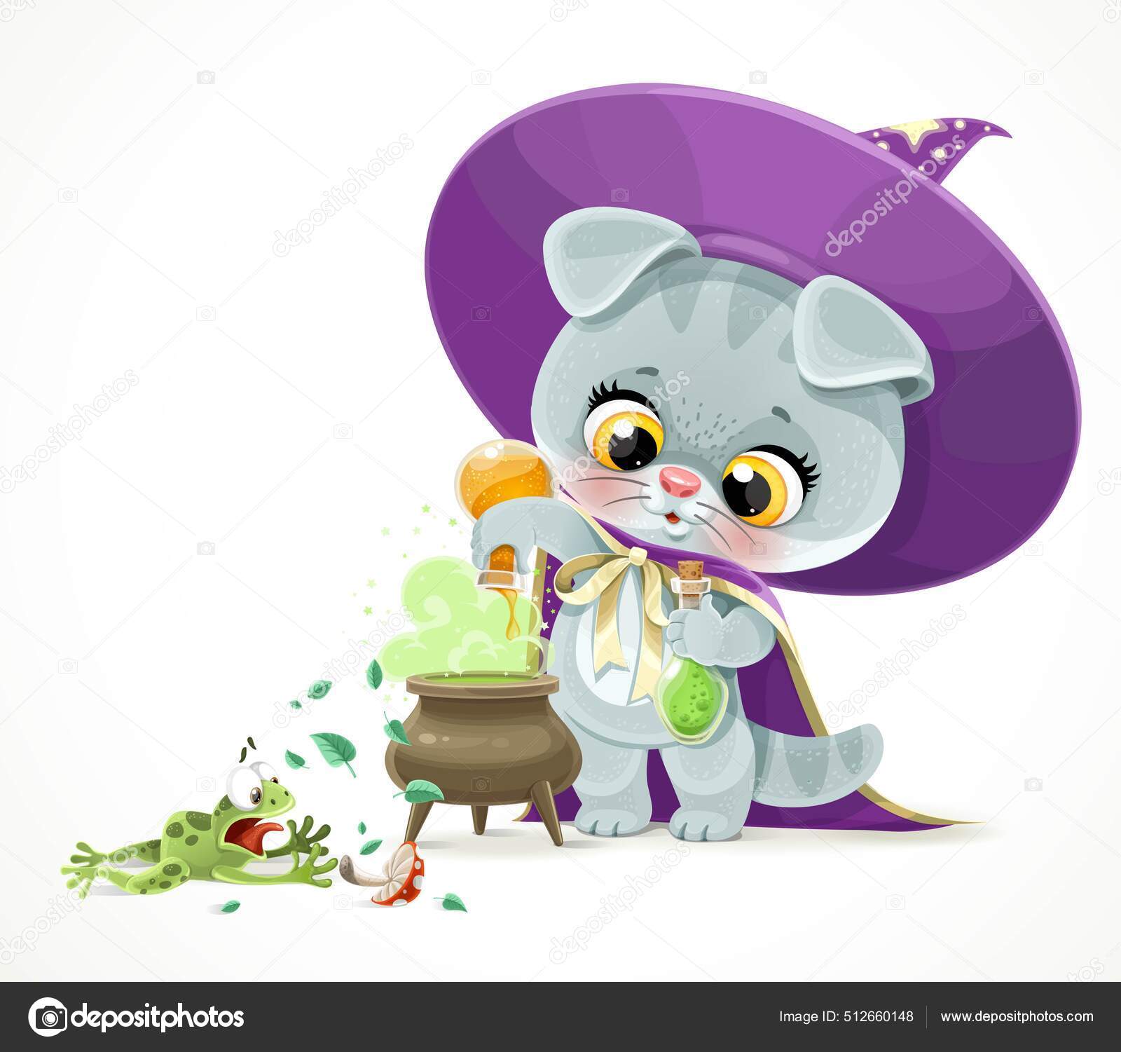 Cute Cartoon Baby Cat Wizard's Hat Cloak Brews Potion Ingredient Stock ...