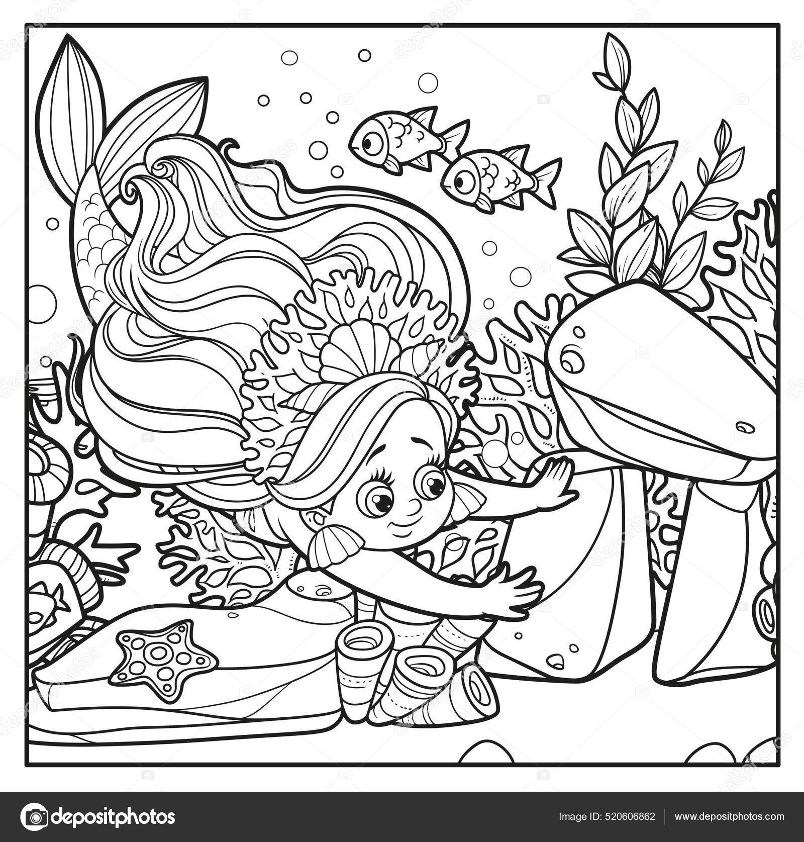 Cute Little Mermaid Girl Coral Tiara Dives Outlined Coloring Page Stock ...