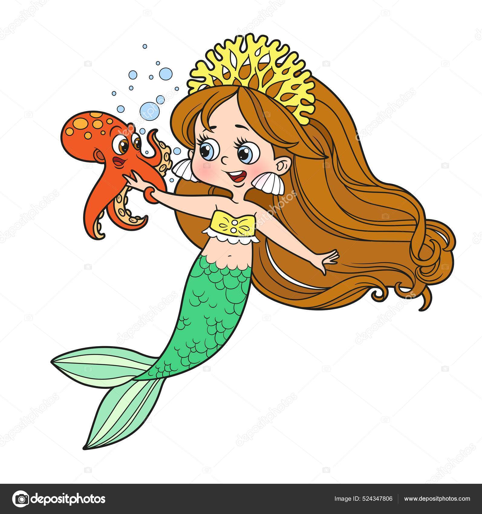 Cute Little Mermaid Girl Coral Tiara Talks Small Octopus Color Stock Vector Image By ©yadviga