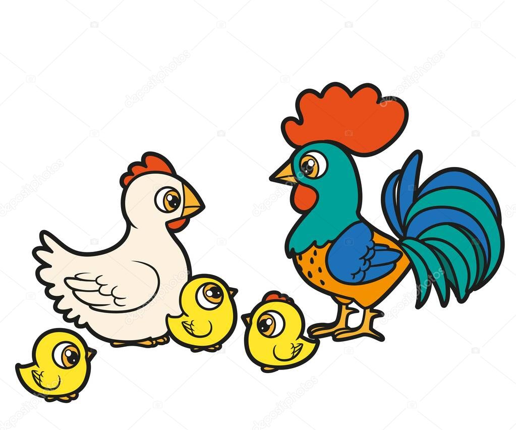 Lindo gallo de dibujos animados y gallina con pollos variación de color ...
