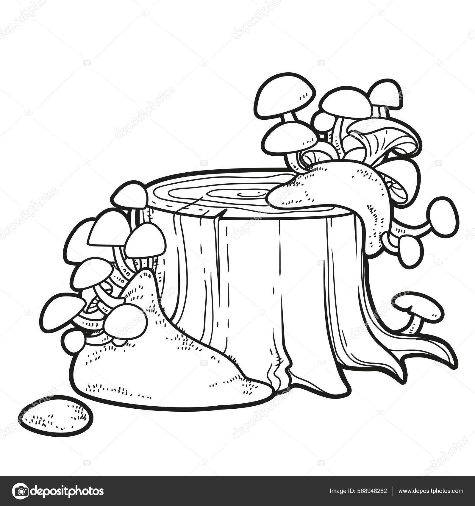 Big Stump Poisonous Toadstools Moss Linear Drawing Coloring Isolated ...