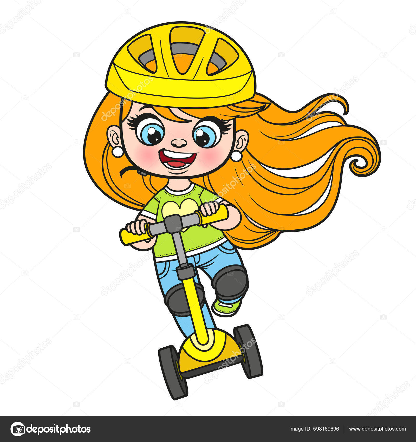 Cute Cartoon Girl Helmet Speeding Scooter Color Variation Coloring Page imagem vetorial de ...