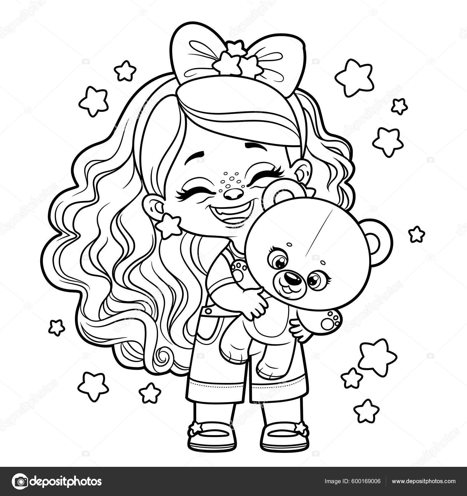 Cute Cartoon Long Haired Happy Girl Big Teddy Bear Hands ©yadviga