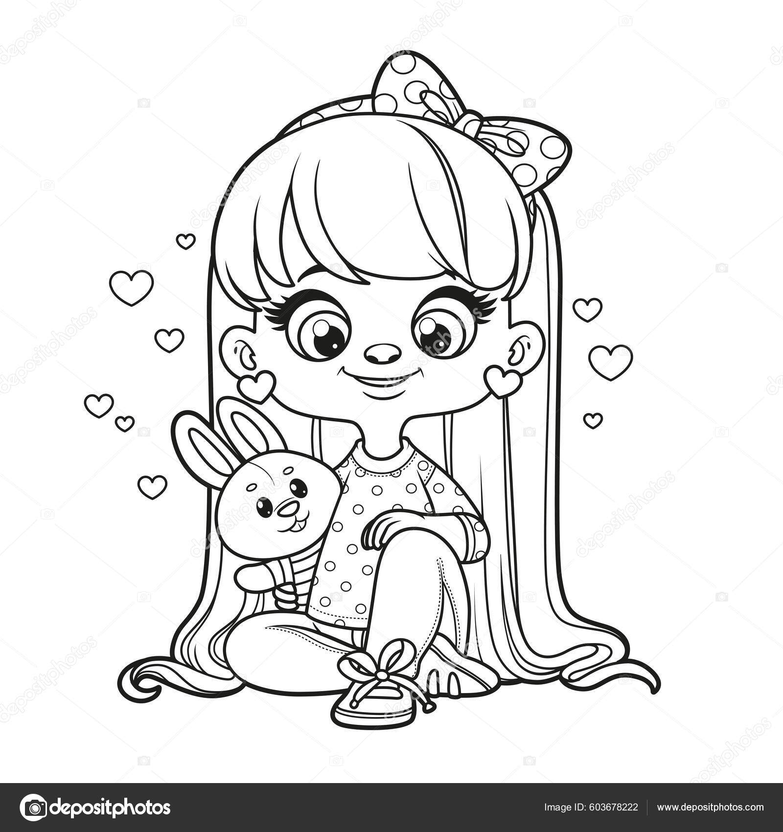 Cute Cartoon Long Haired Girl Soft Toy Bunny Hands Sit Stock
