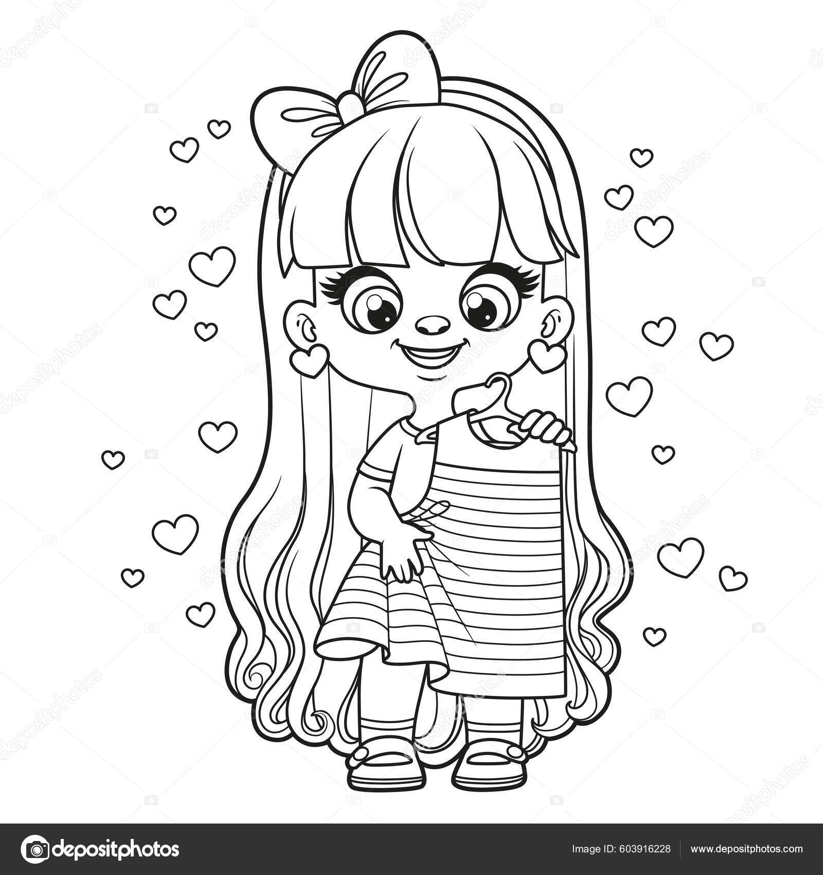 Cute Cartoon Long Haired Girl Trying New Dress Outlined Coloring Stock ...