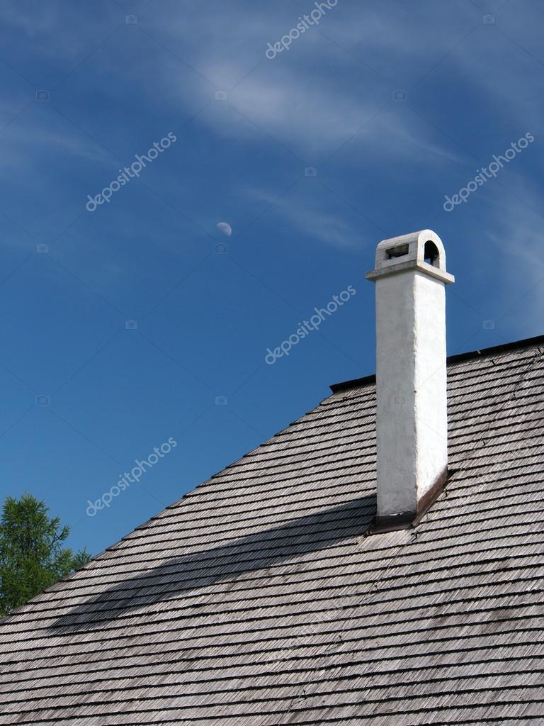 Shingle roof, with chimney and moon Stock Photo by ©jareso 30343453