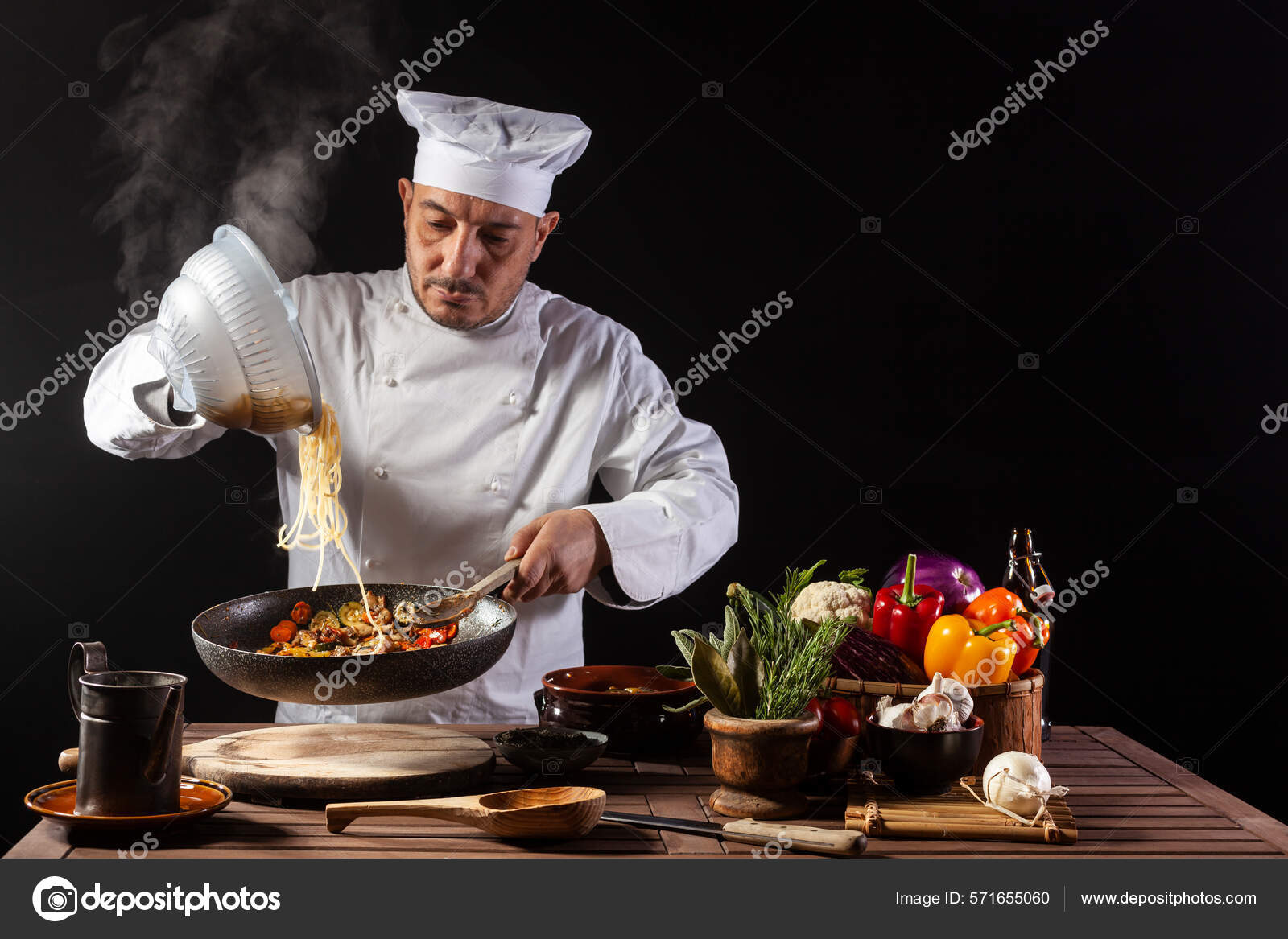 Male Chef White Uniform Pouring Boiled Spaghetti Pan Wok Cooking Stock ...