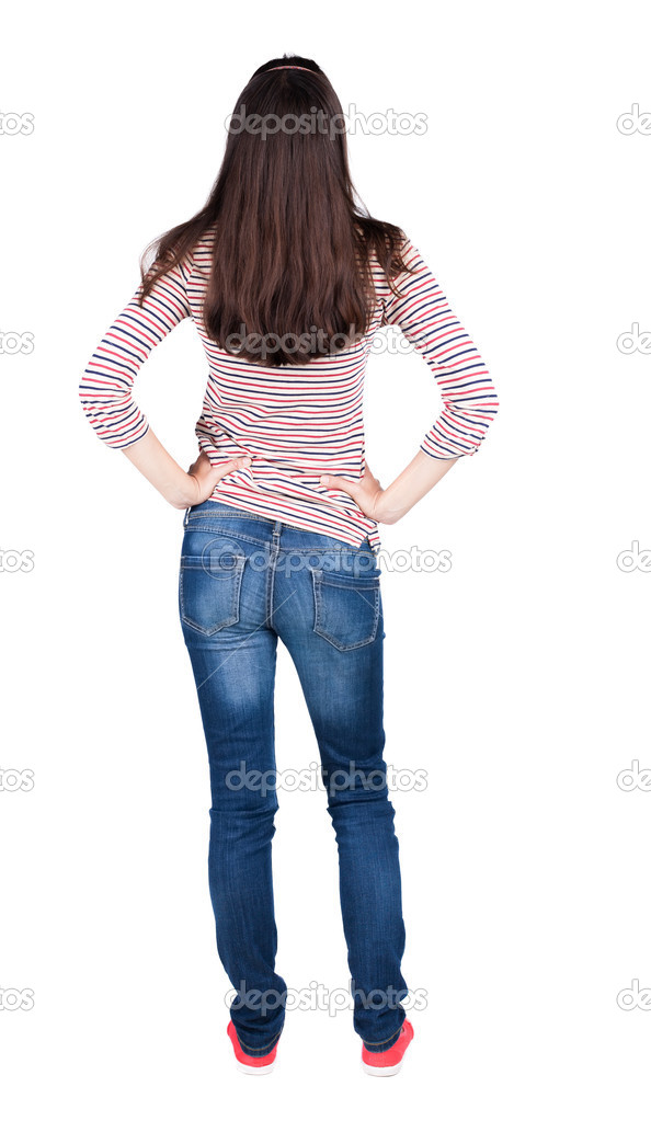 Back view of standing young beautiful brunette woman. Stock Photo by ...