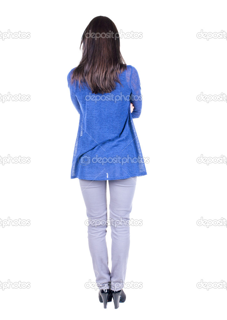 Back view of standing young beautiful brunette woman. Stock Photo by ...