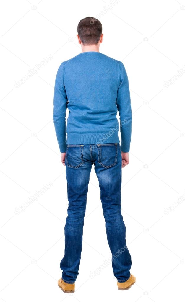 Back view of handsome man in blue pullover looking up. Stock Photo by ...