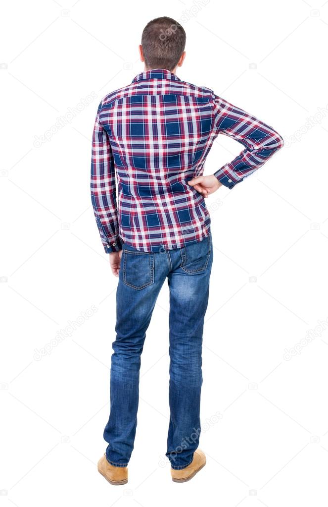 Back view of handsome man in checkered shirt looking up. Stock Photo by ...
