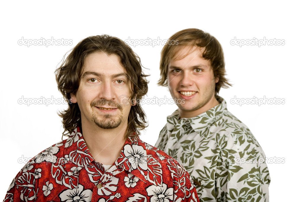 Two casual young men portrait isolated on white background Stock Photo ...