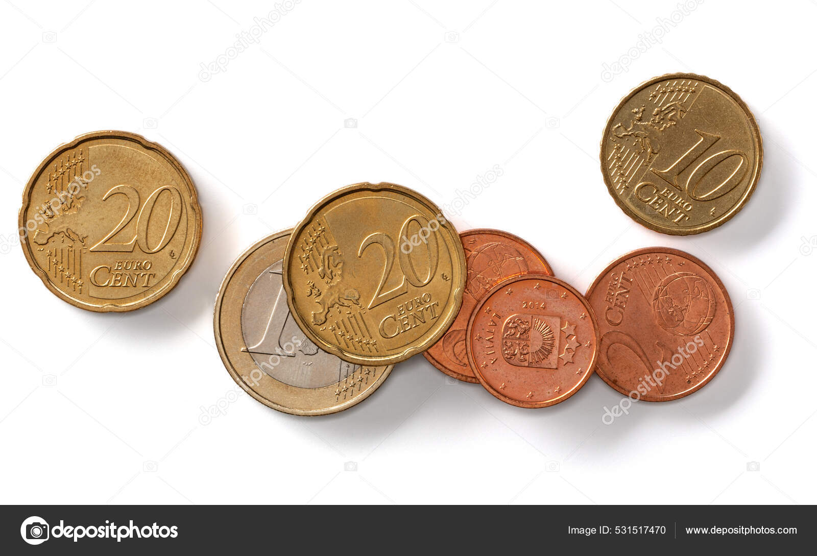 Euro Coins Isolated White Background Closeup Money Concept Top View ...