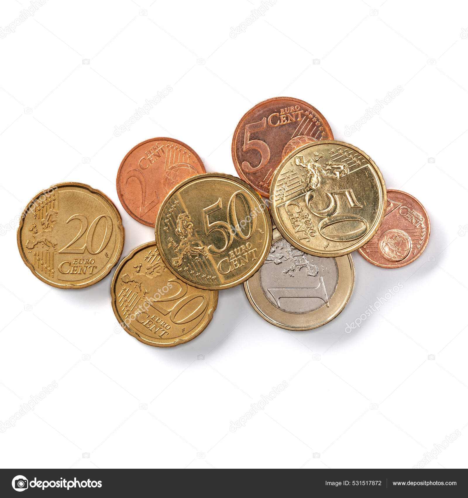 Euro Coins Isolated White Background Closeup Money Concept Top View ...
