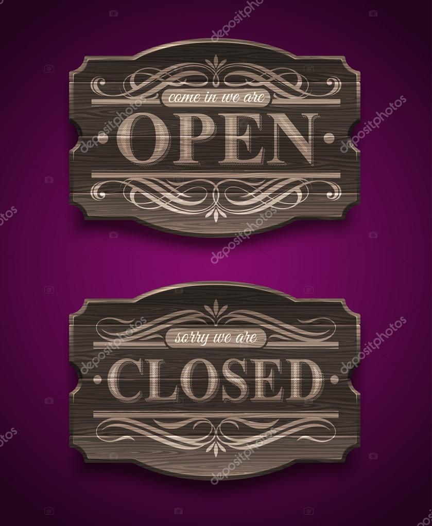 Open and Closed wooden ornate vintage signs - vector illustration Stock ...