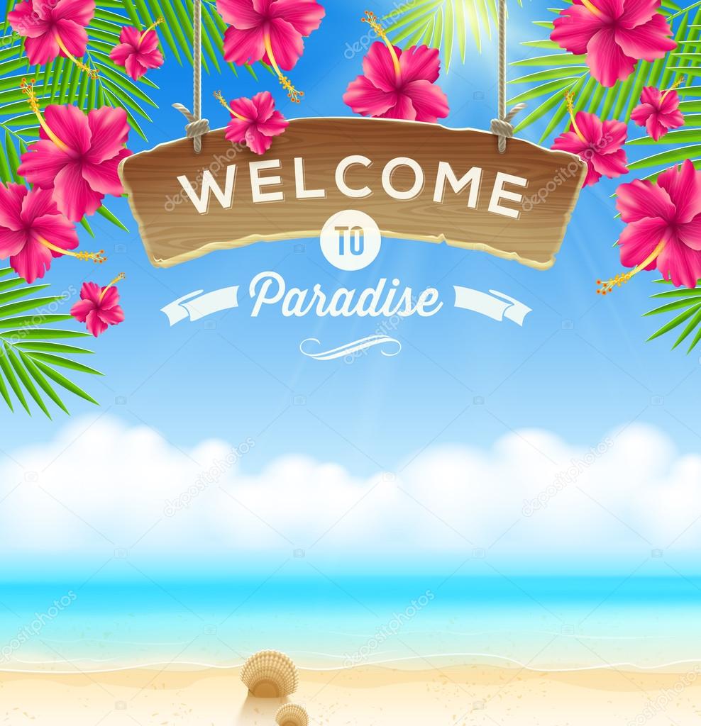 The wooden signboard Welcome - against a tropical flowers background ...